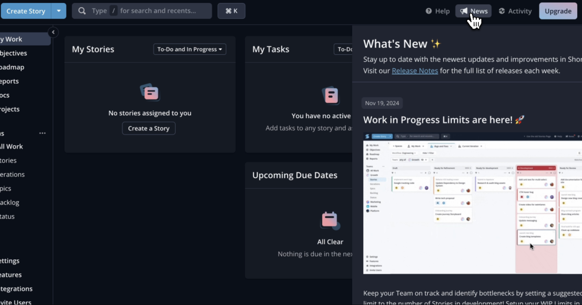 Shortcut's Release Notes Slideout | Chameleon